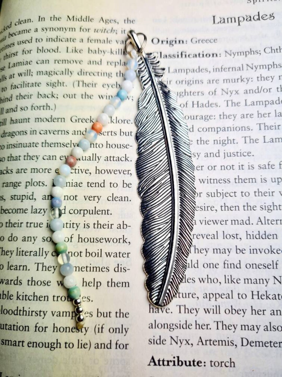 Feather Bookmark With Aquamarine, White Jade, Coloured Agate and ...