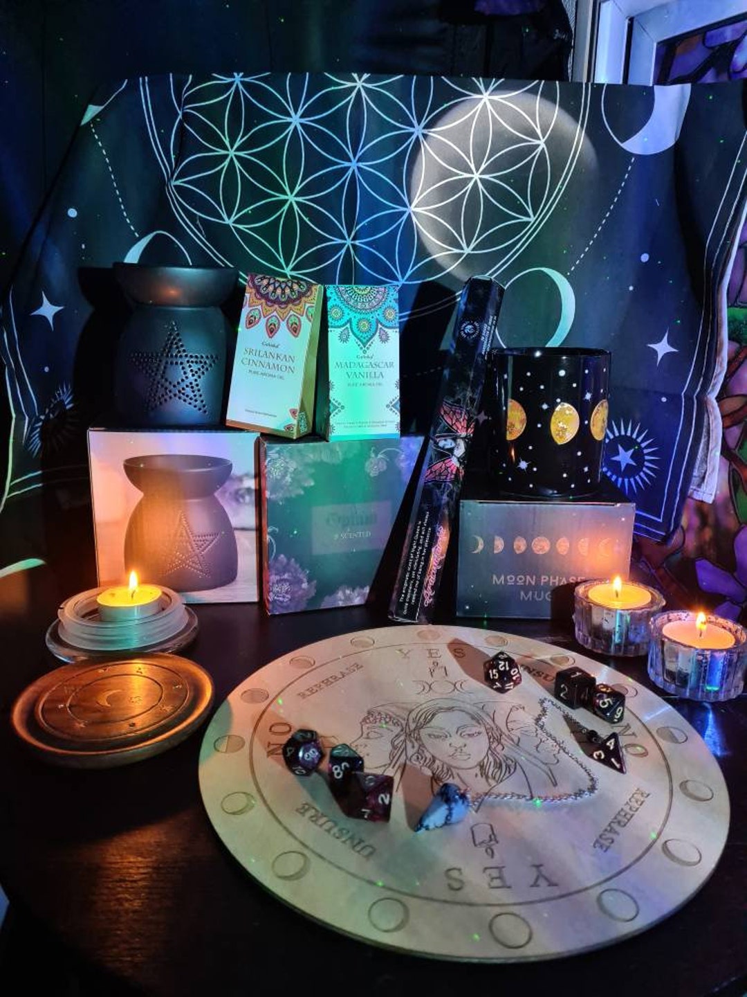 Moon Phases Witch Altar With FREE Altar Cloth, Pentagram Oil Burner ...