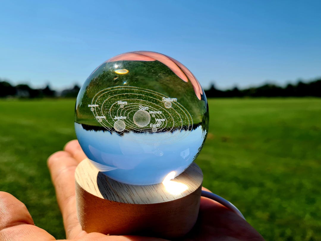 Crystal Ball Sphere With Planetary System Engraved, 60mm, Lamp Stand ...