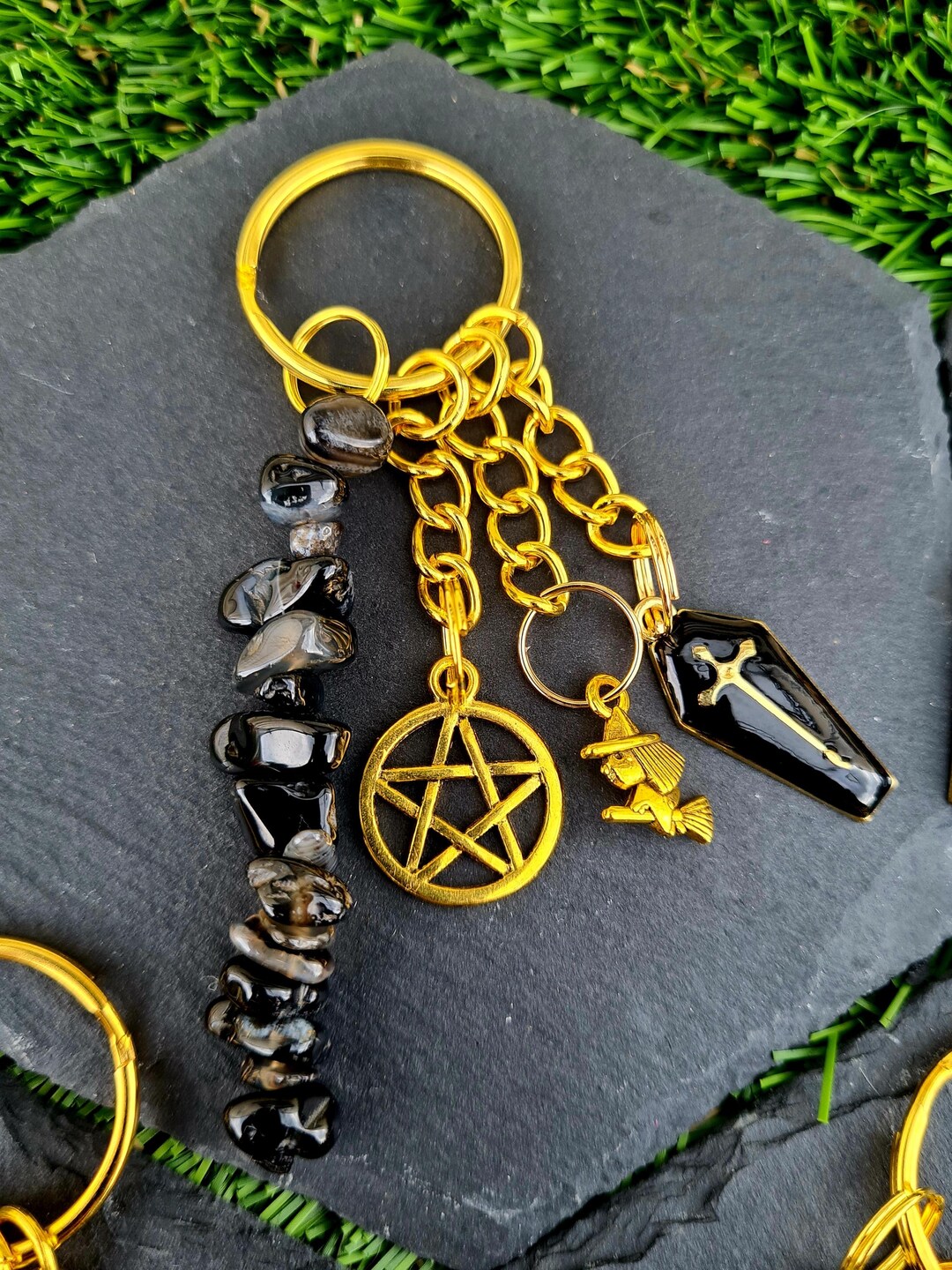 Black Onyx Keychains Selection With Witchy Charms; Protection, Strength ...