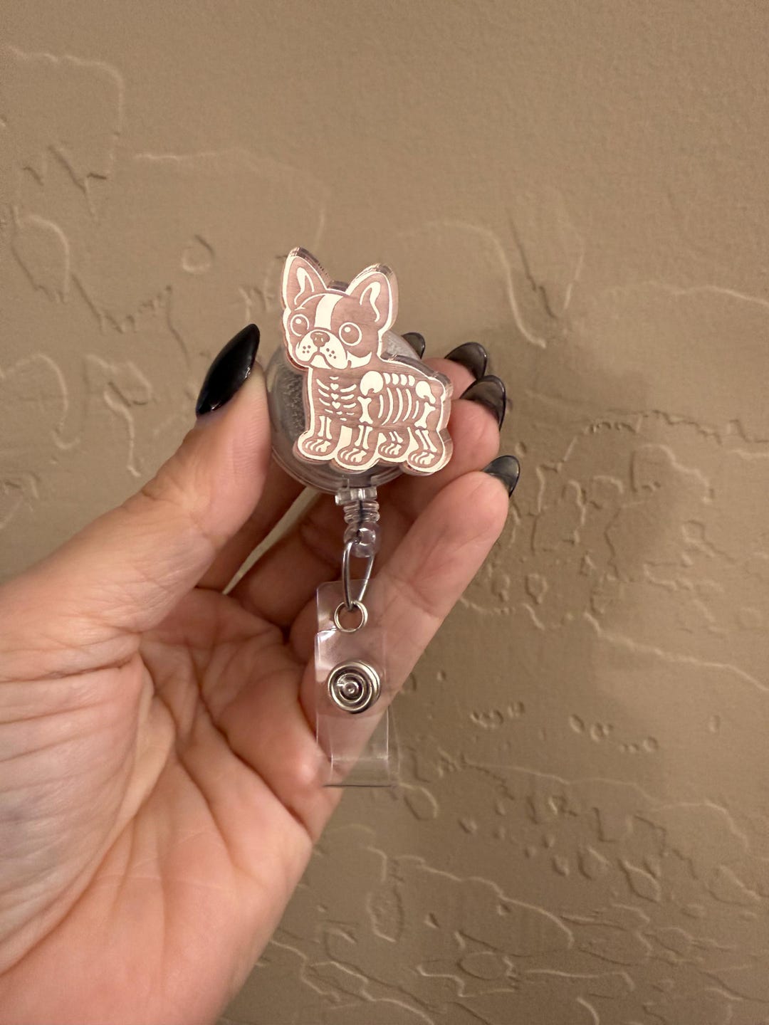 Boston Terrier Dog Skellie Rose Gold Mirrored Badge Reel, Ct Tech ...