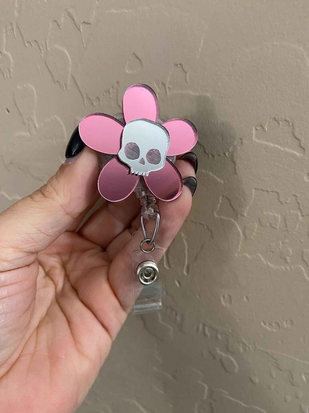 Skull Flower Silver and Pink Mirrored Badge Reel, Xray Tech, Ct Tech ...