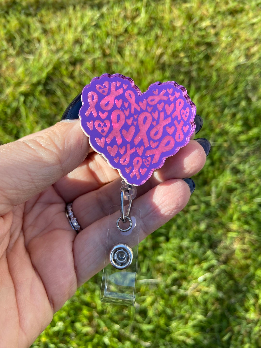 Mammo Tech Breast Cancer Awareness Mirrored Pink Badge Reel, Rad Tech ...