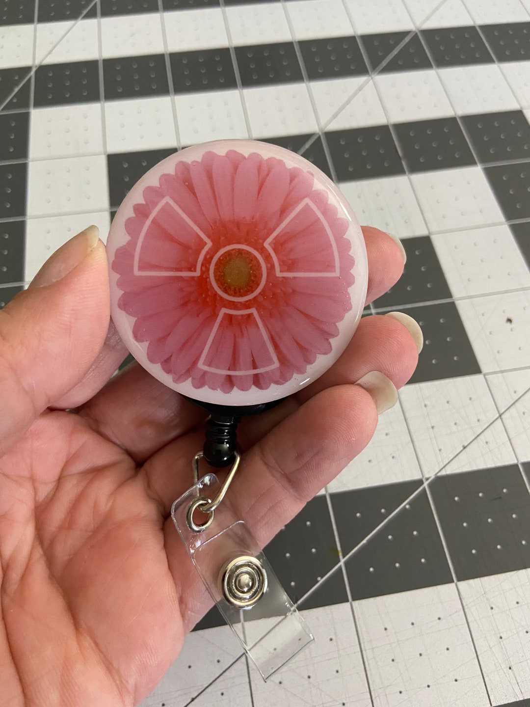 Pink Flower Radiation Symbol Badge Reel, Ferber Daisy, Rad Tech ...