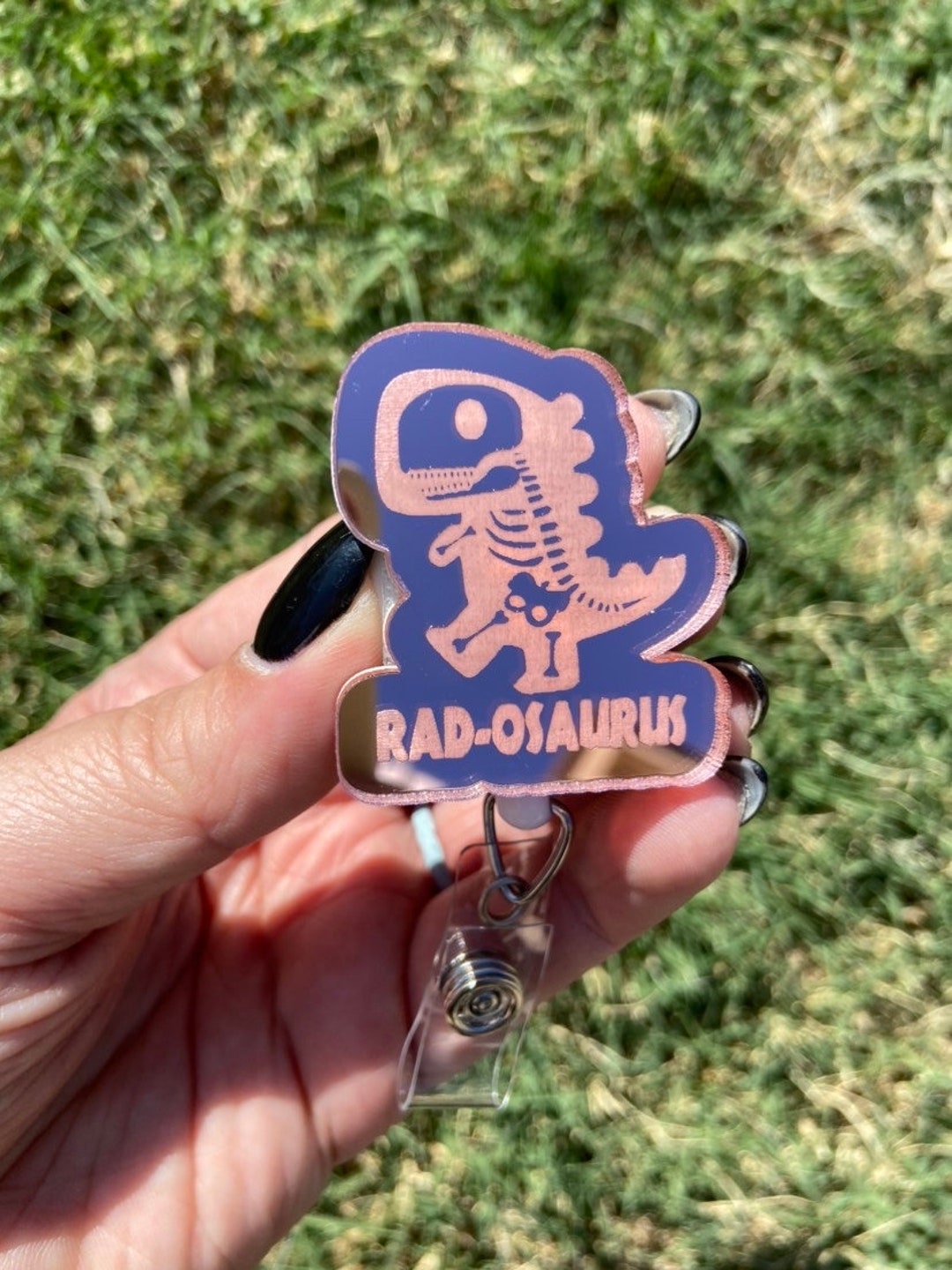 Rad-osaurus Mirror Rose Gold Badge Reel, Skeleton, Rad Tech, Radiologic ...