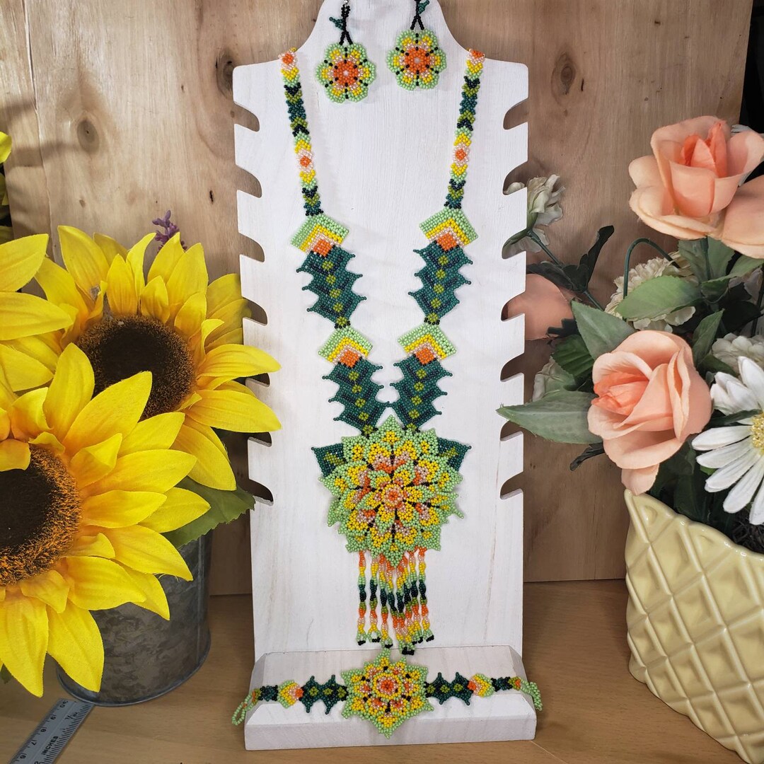Mexican Handcrafted Maxi Necklace, Bracelet and Earrings Set Huichol ...