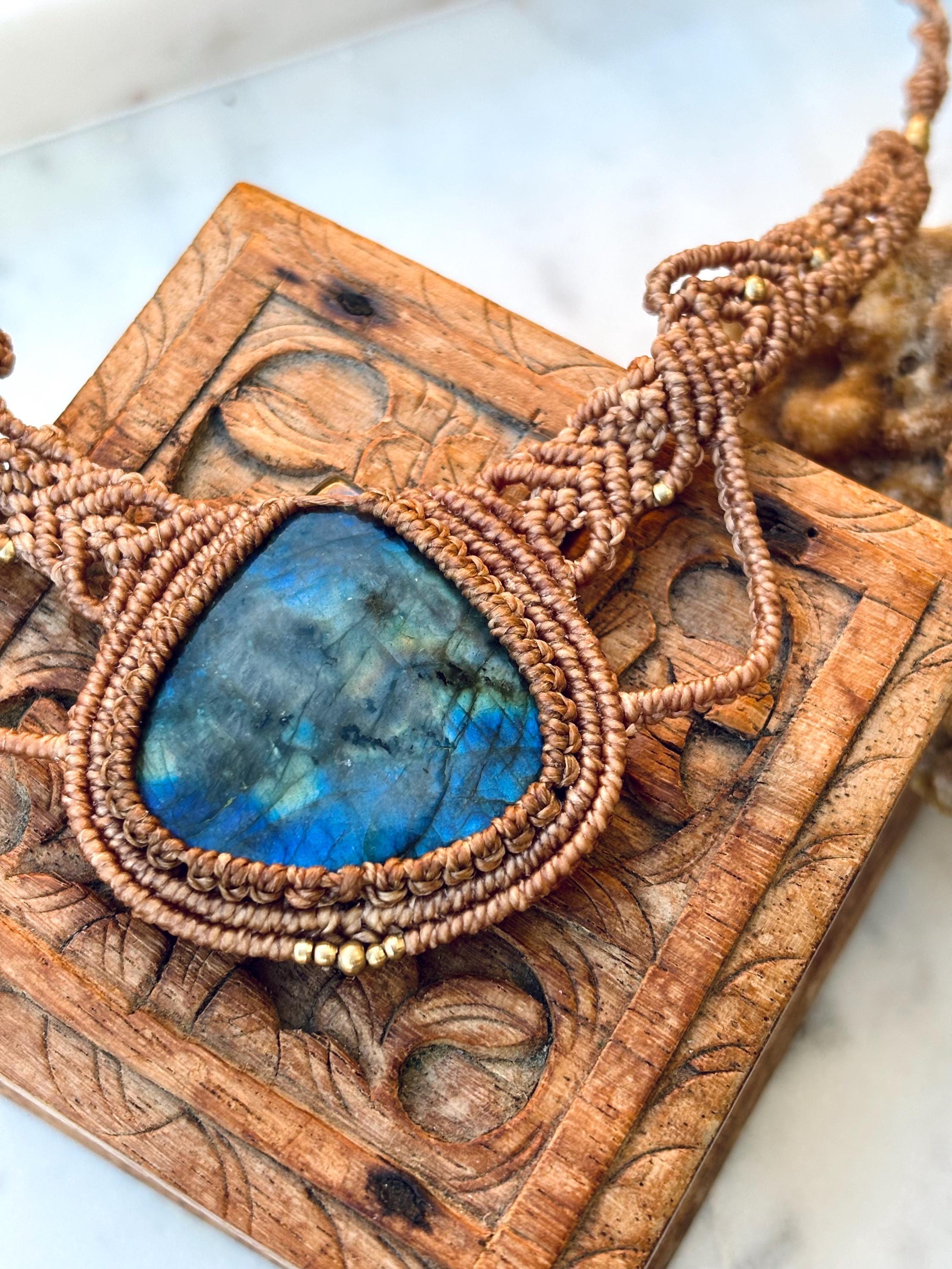 Loha “gaia Collection” Blue Yellow Labradorite Macrame Crystal Necklace ...