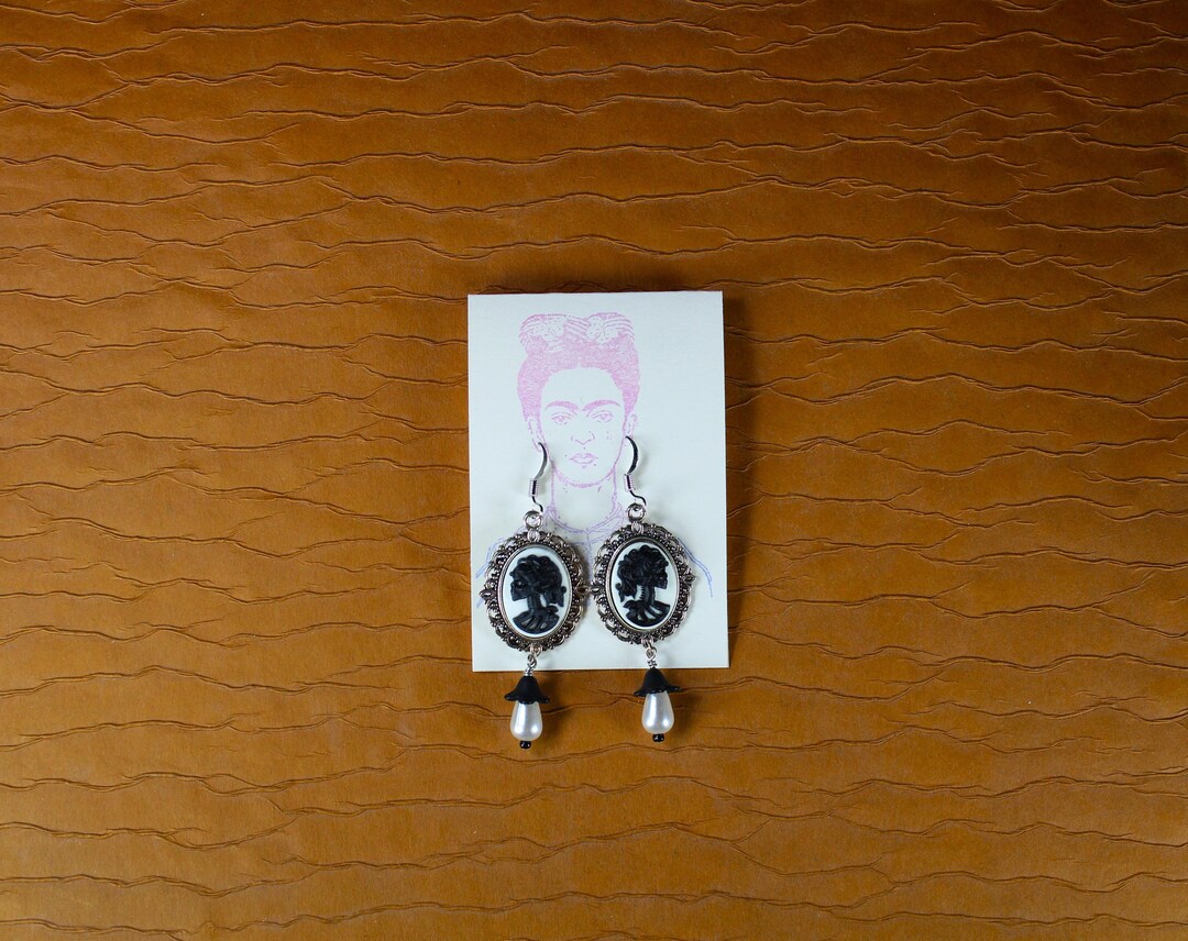 Cameo Earring, Day of Dead Lolita Profile Skull, Black & White, Oval ...