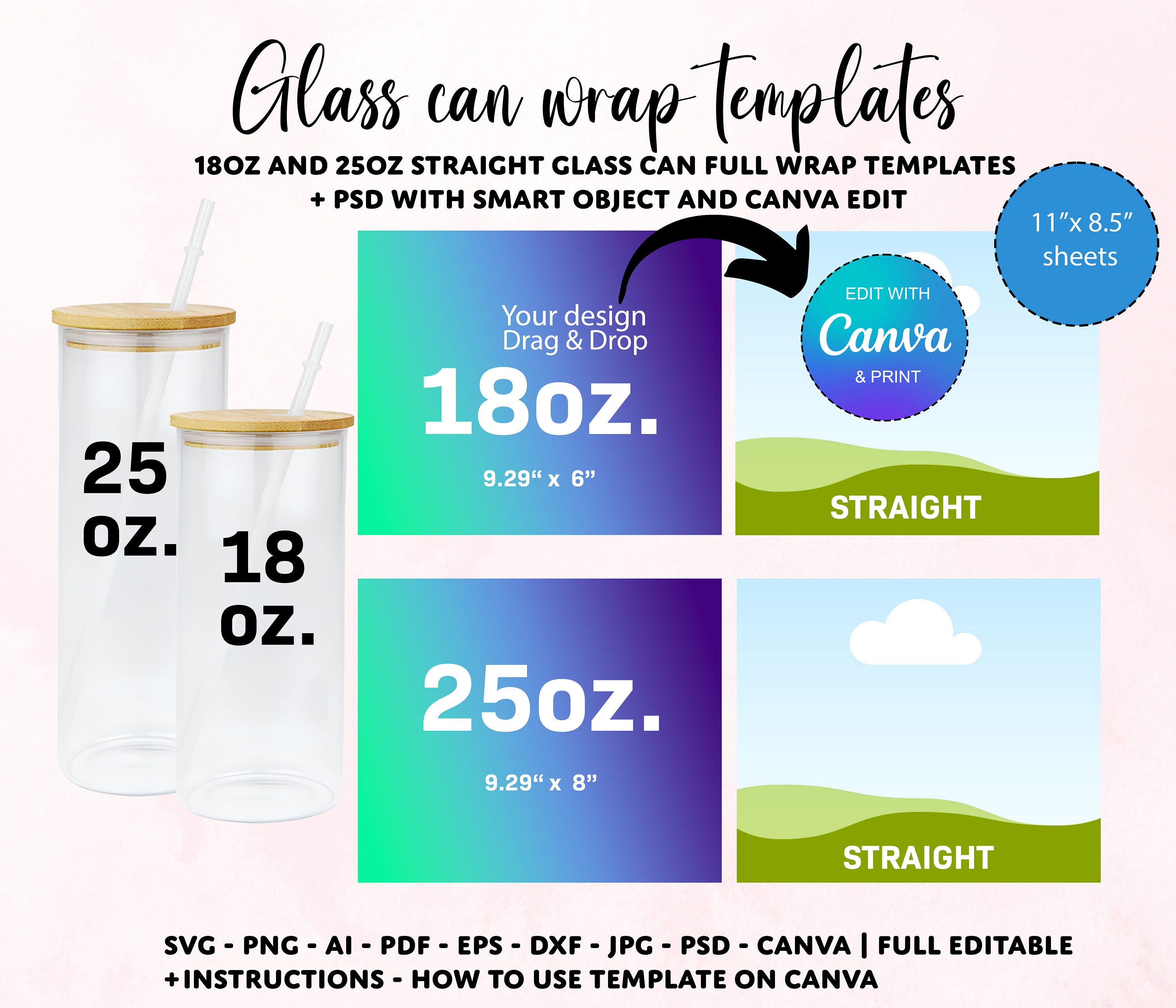 25oz Glass Can Straight Wrap Template, 18oz Glass Can Sublimation ...