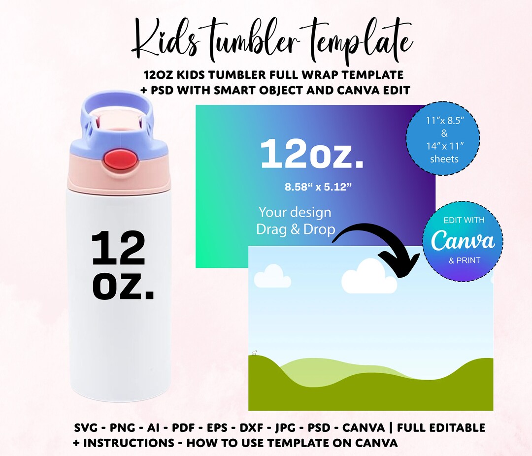 12oz Kids Water Bottle Tumbler Template: Canva Sublimation (digital ...