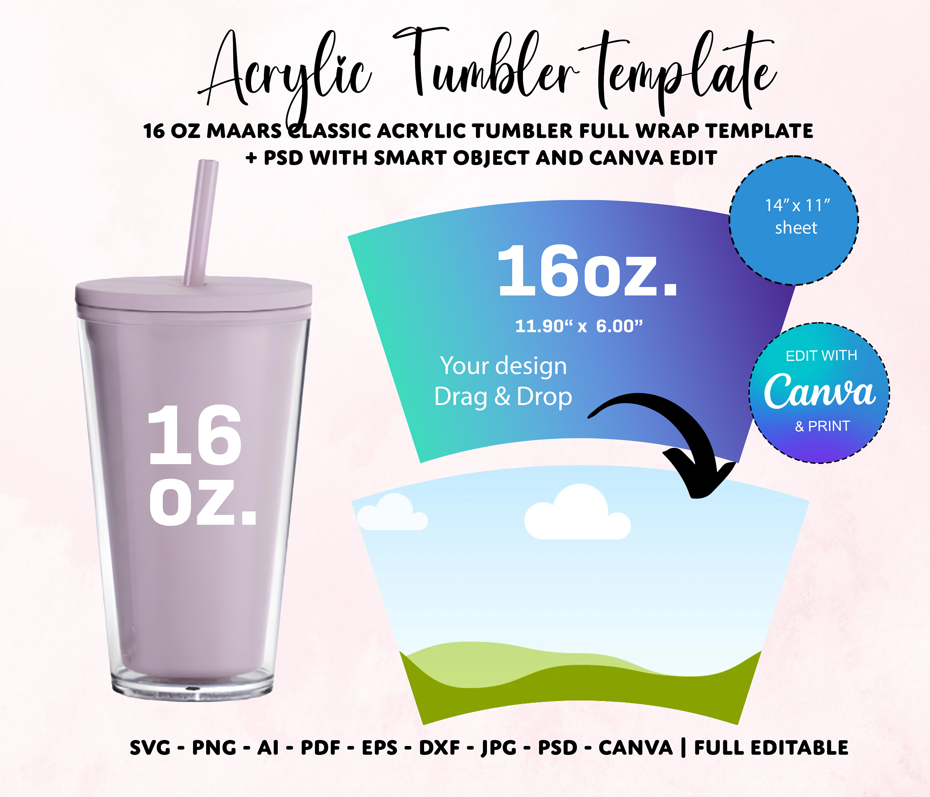16oz Acrylic Tumbler Template, Maars Tumbler Template, Sublimation ...