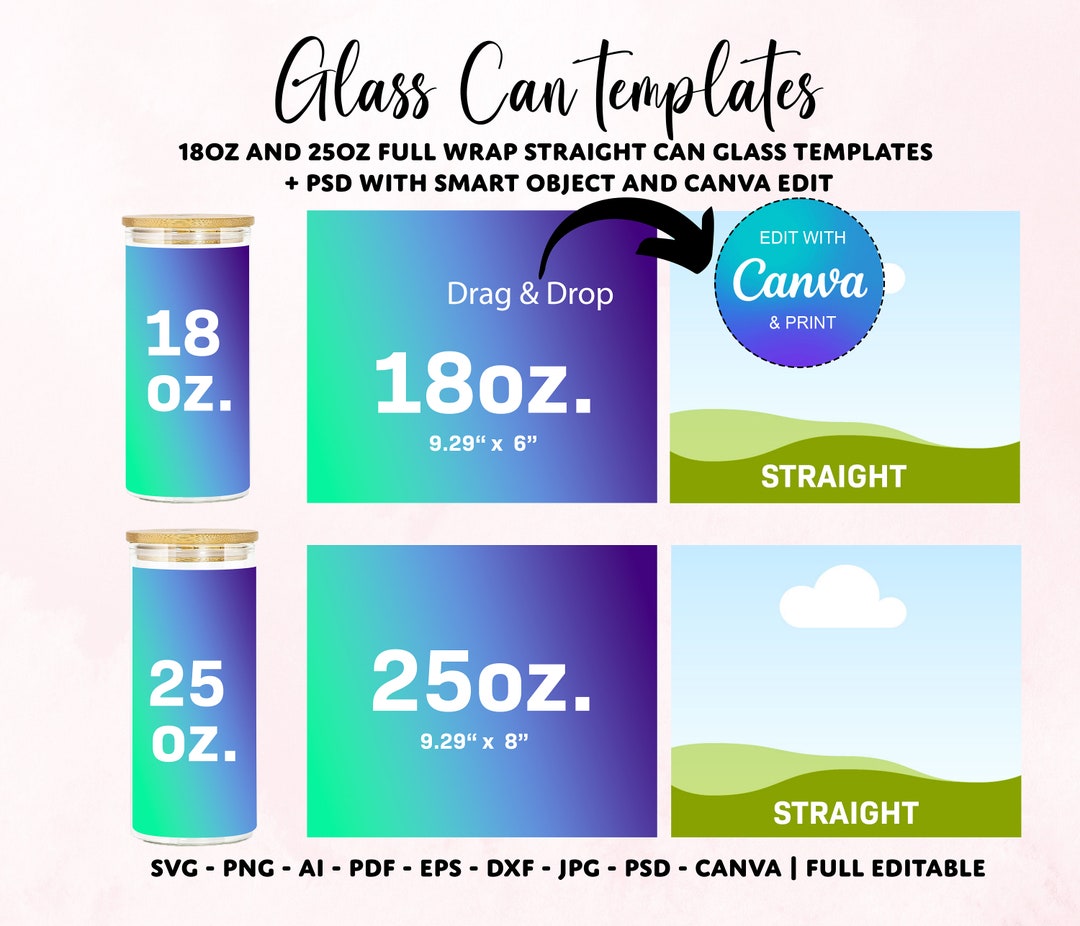 25oz Glass Can Straight Wrap Template, 18oz Glass Can Sublimation ...