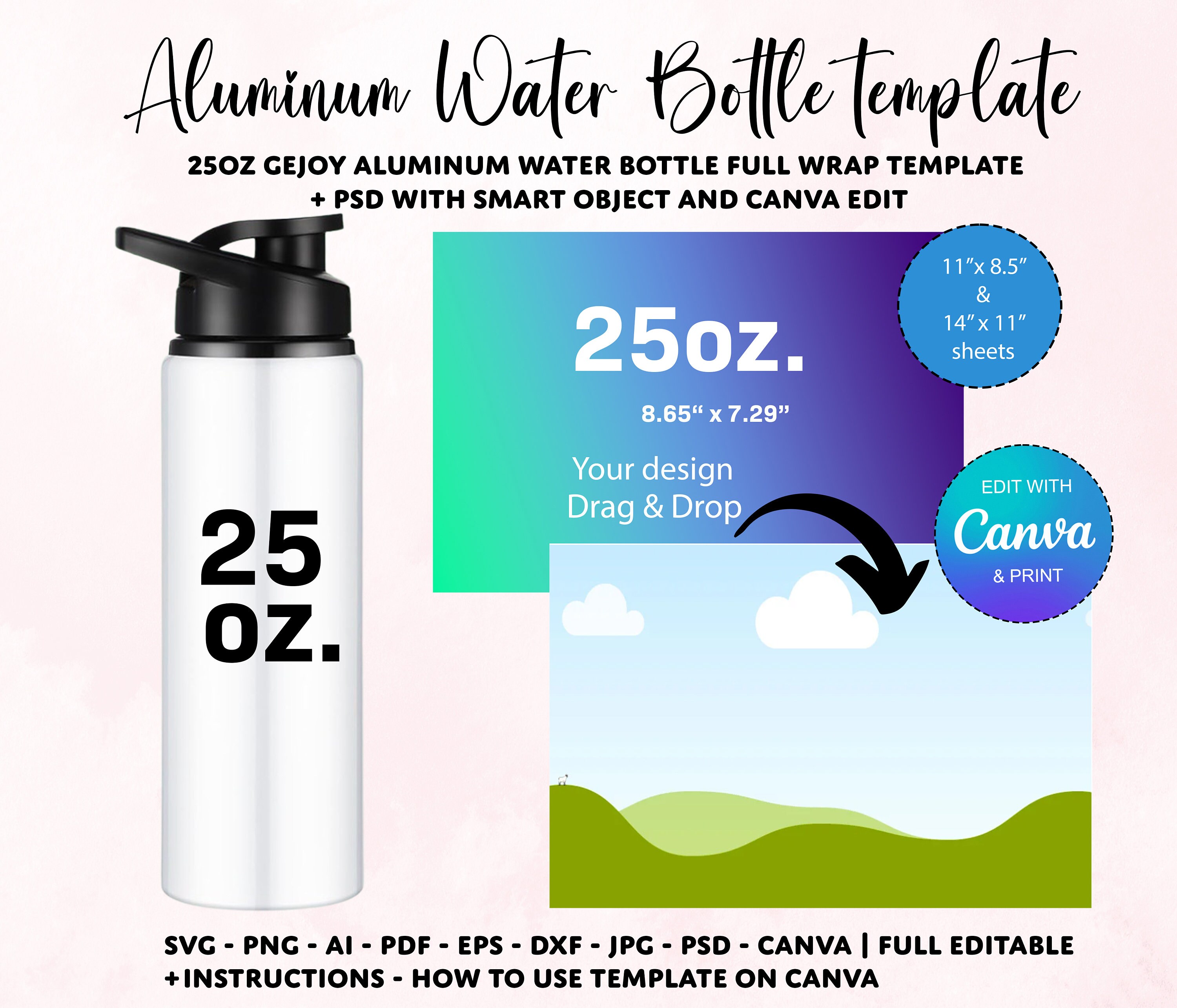 25oz Water Bottle Template, Aluminium Water Bottle Sublimation, Water ...