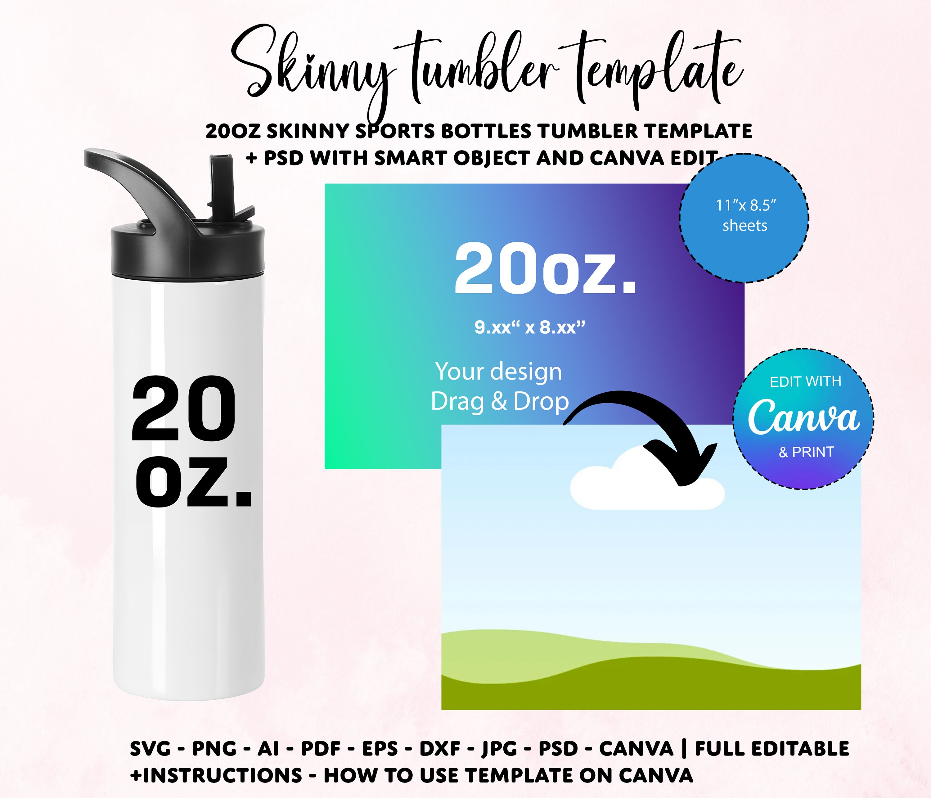 20 Oz Skinny Sports Bottle Template: Canva & PSD (digital Download) - Etsy
