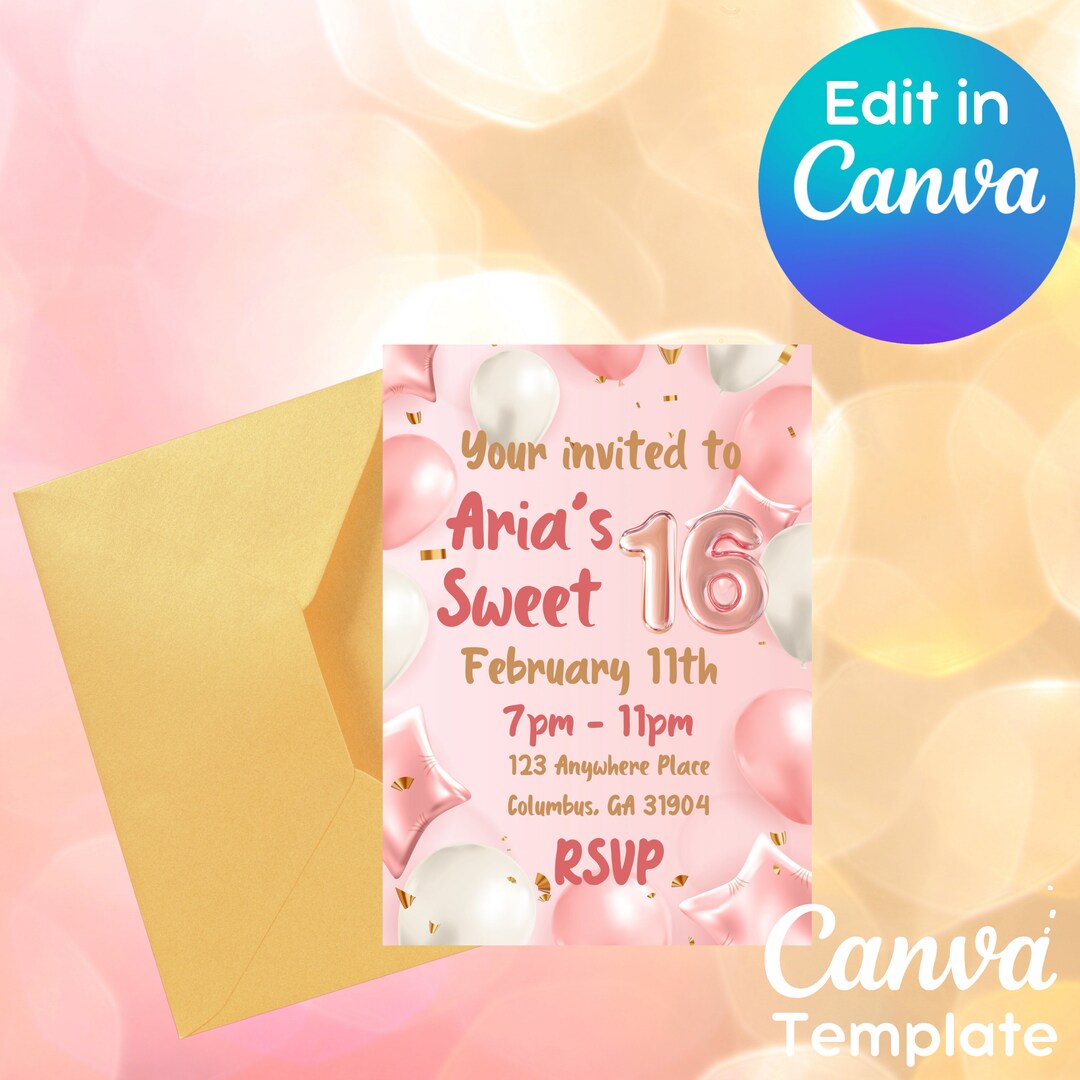 Sweet 16 Birthday Invitation, Digital Invitation, Pink and Gold ...
