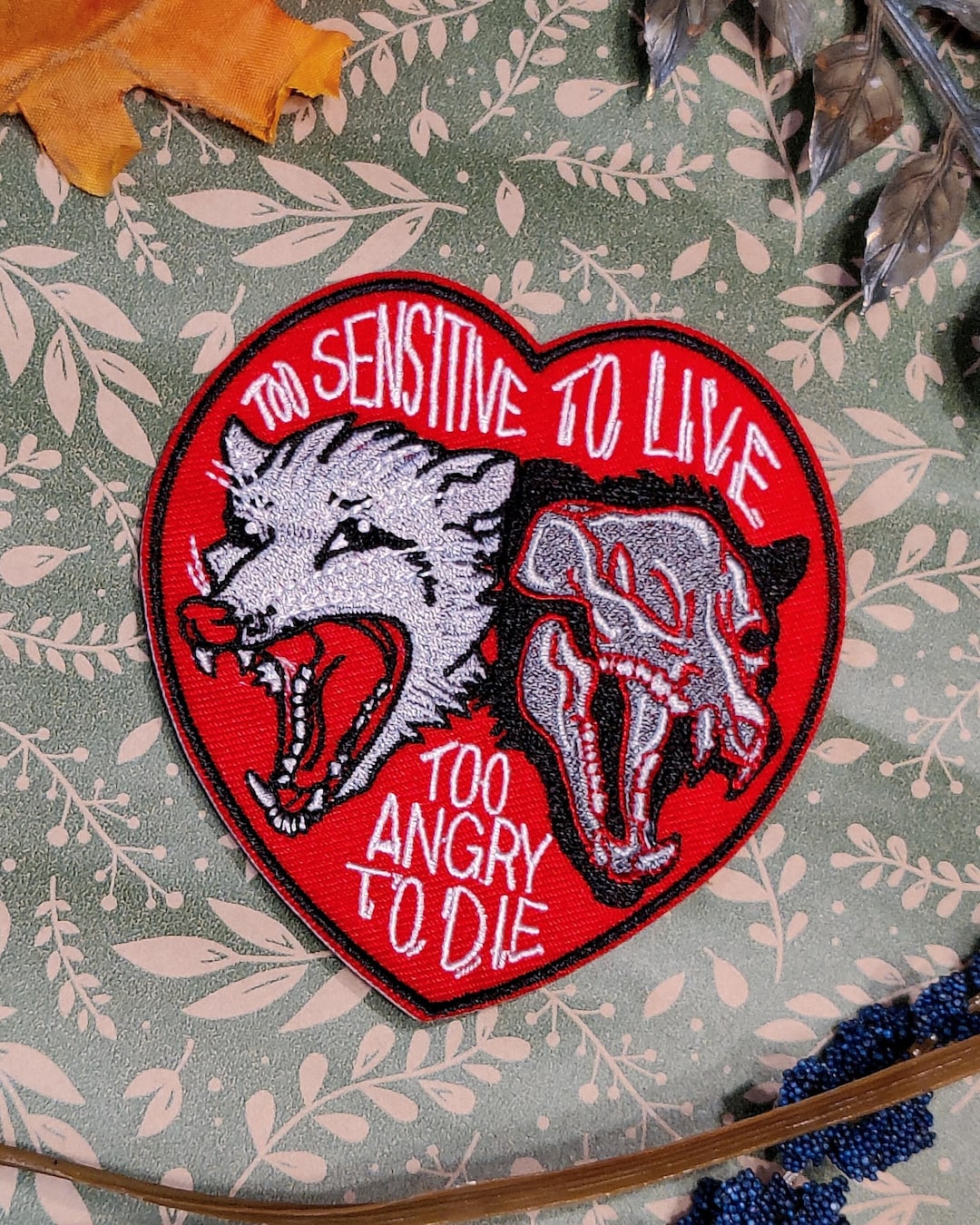Possum Heart Iron on Embroidered Patch - Too Sensitive to Live Too ...