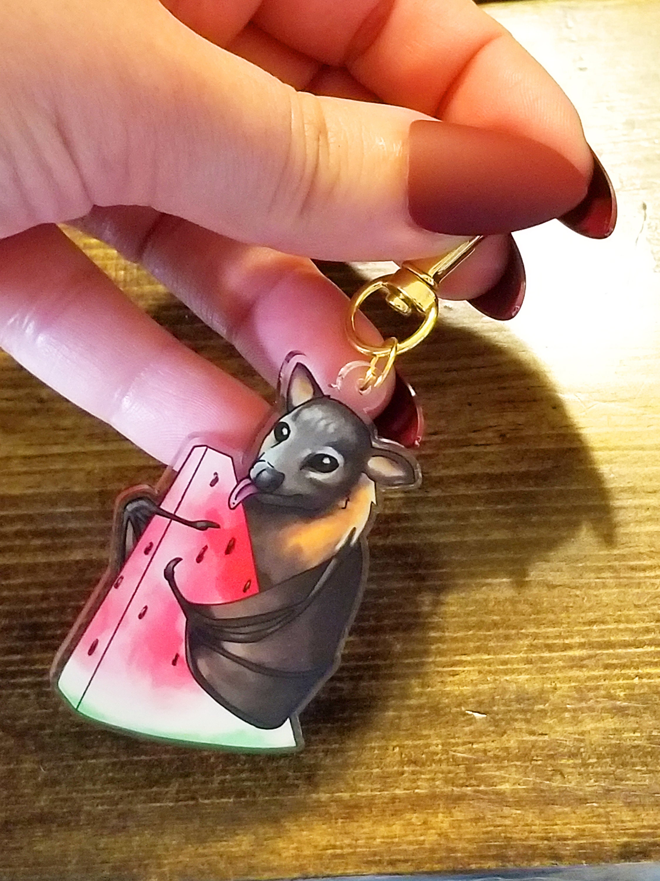 Fruit Bat Eating Watermelon Acrylic Keychain - Double Sided Cute Animal ...