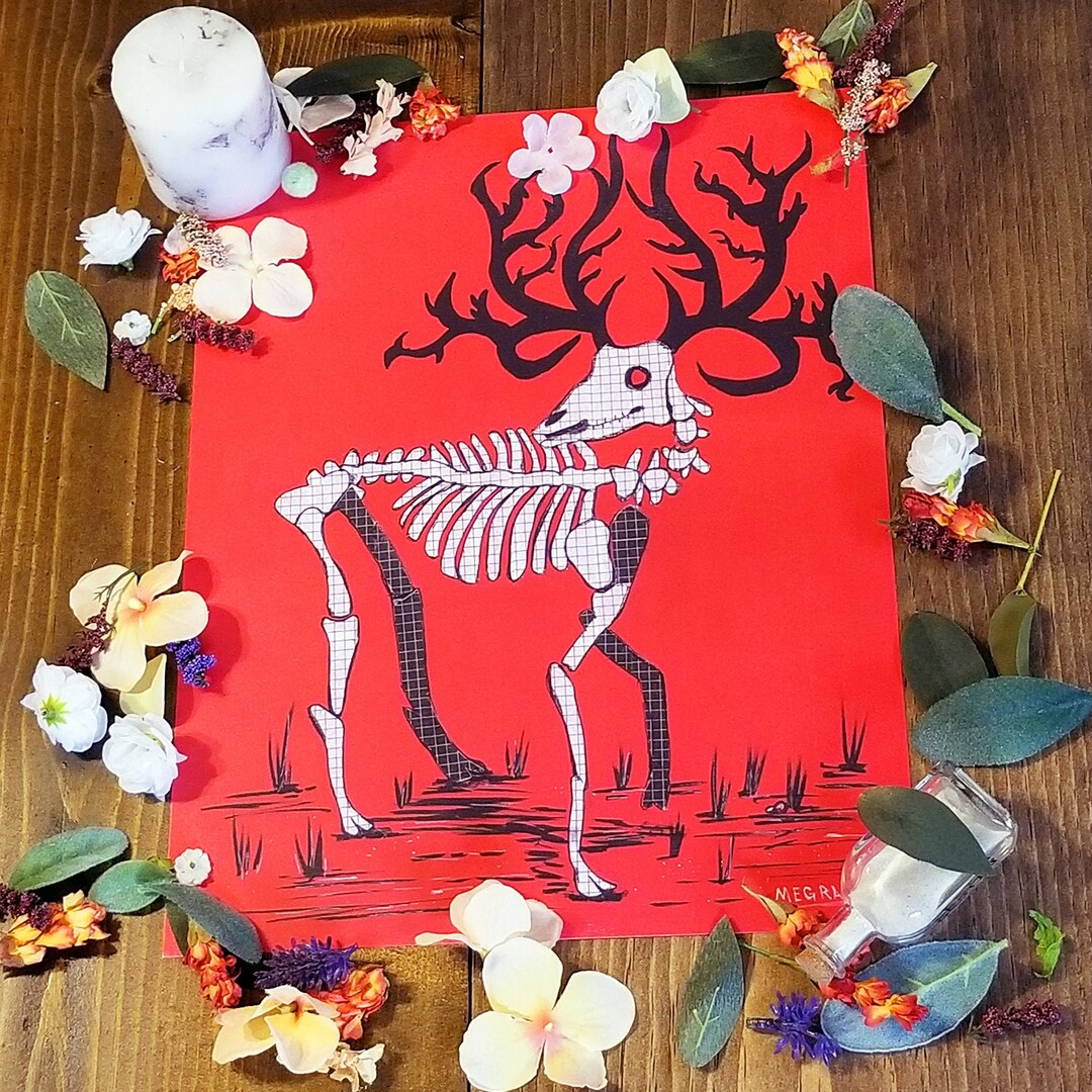 Spring Skeleton Ink Marker Drawing Print 11x14 Deer Skeleton Gothic ...
