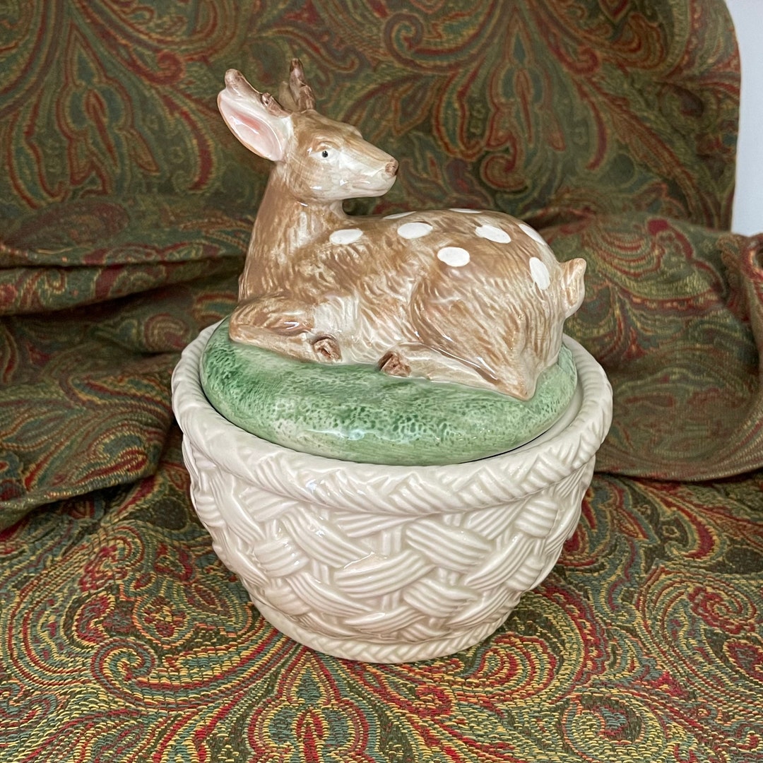 Fitz & Floyd Covered Candy Dish With Figural Deer Bedded Down in Grass in a Woven Basket - Etsy
