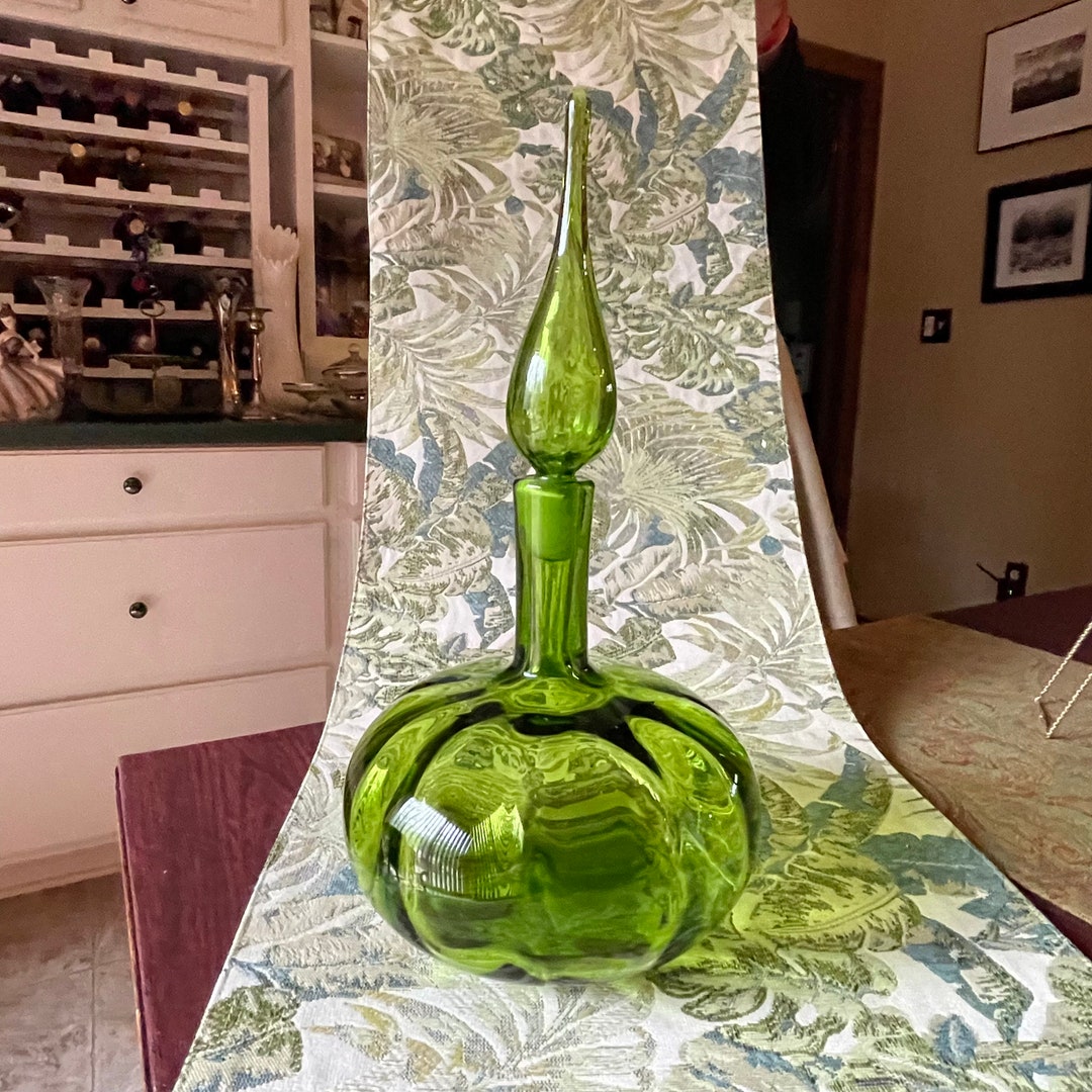 Large Blenko Joel Myers Optic Pincushion Decanter 1960s Olive Green ...