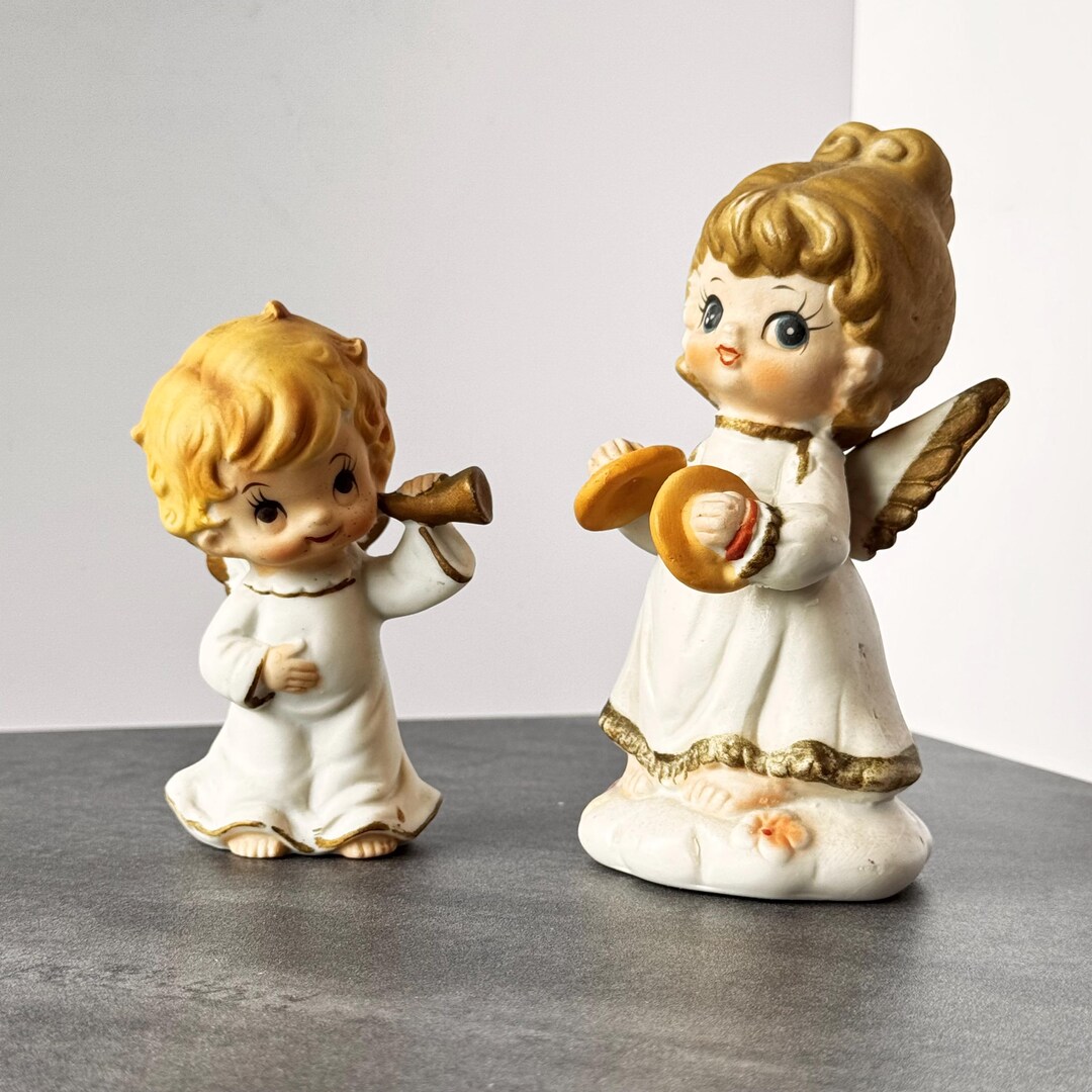 Pair of Kitsch Angels – With Gold-trim Cymbals, and Little Horn – Retro ...