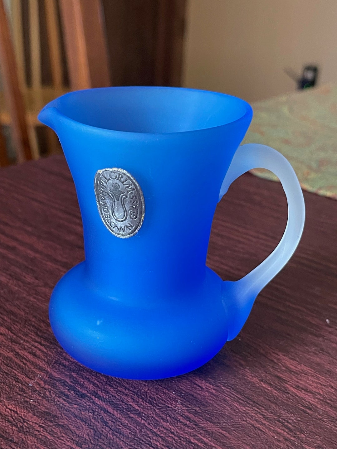 Pilgrim Glass With Frosted White Handle, Rich Blue Pitcher, Hand Blown ...