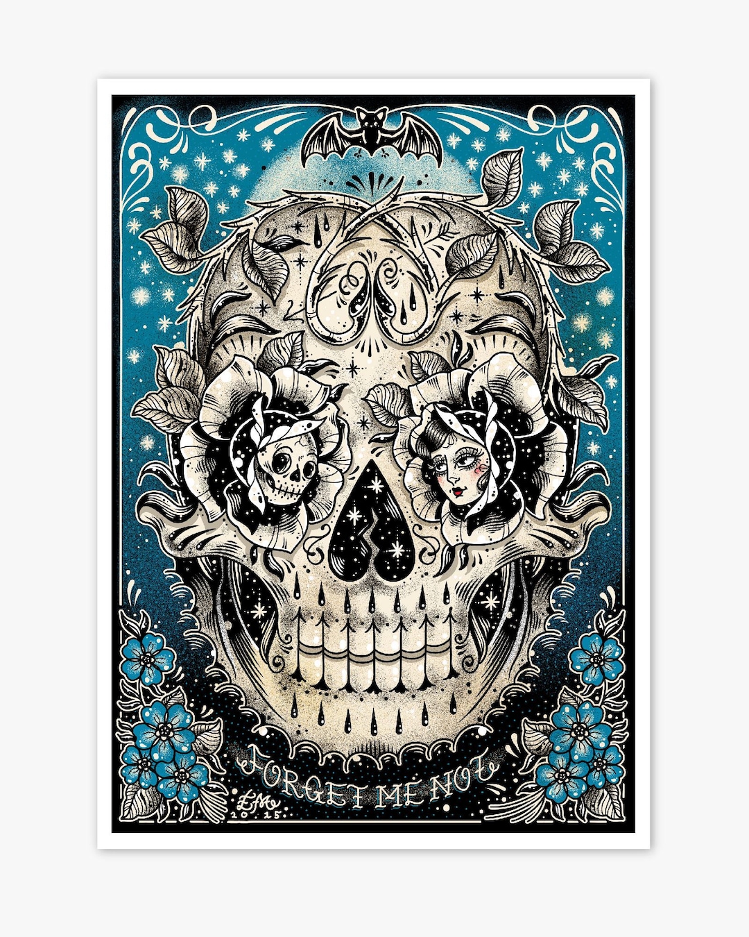 Forget Me Not Skull Limited Edition Tattoo Flash Print by Ella Mobbs ...