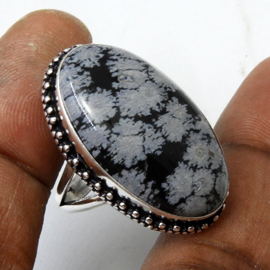 Snowflake Obsidian Ring, Teardrop Obsidian Gemstone Ring, Handmade 925 Sterling Silver Ring ...