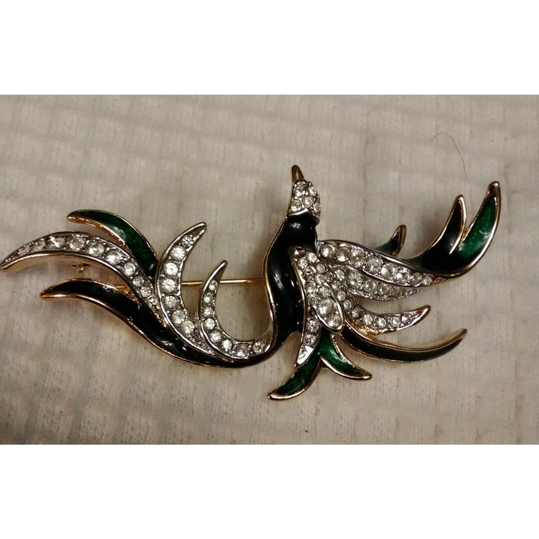 Brooch Pin Flying Bird "firebird Style" Black Enamel and Rhinestone ...