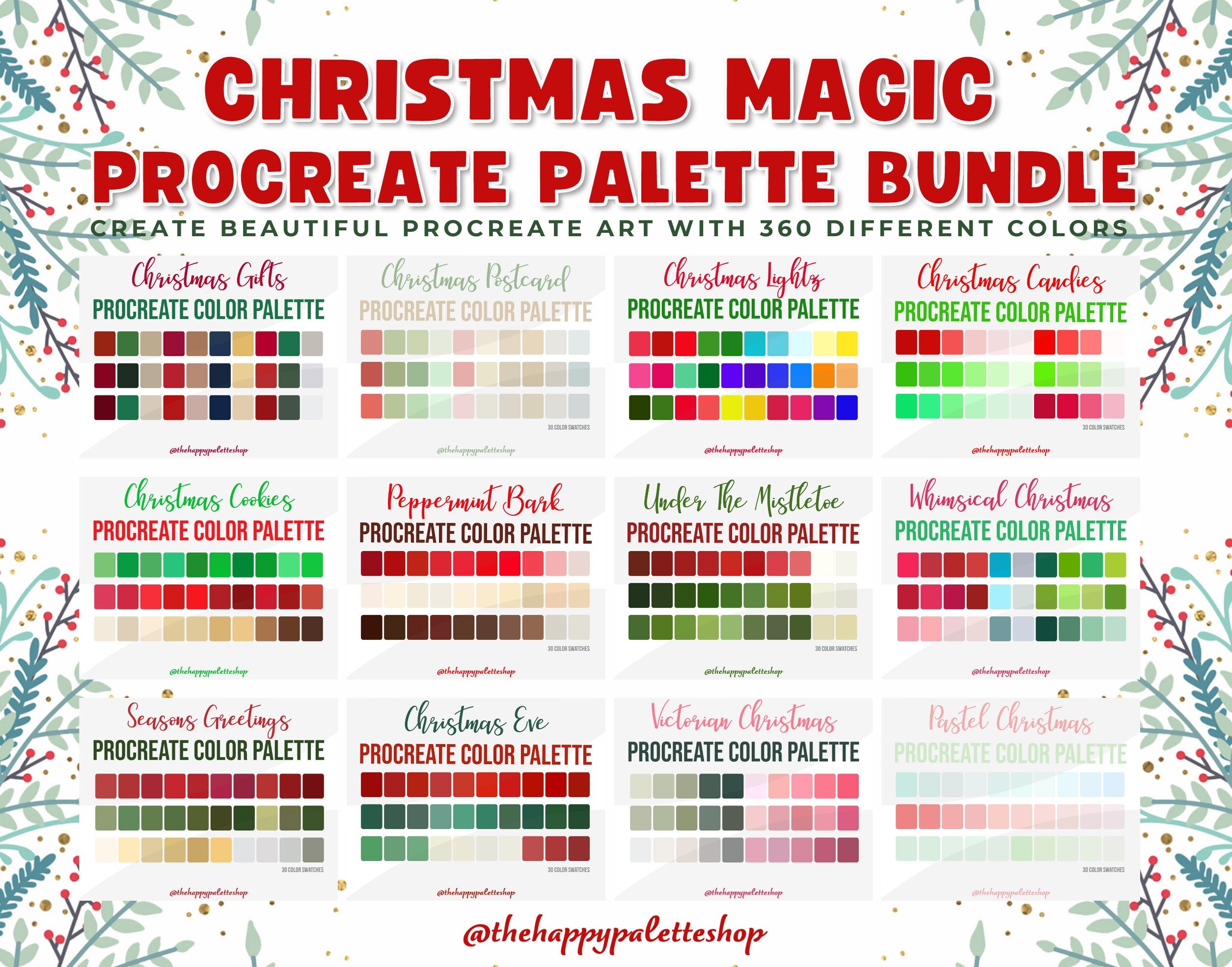 Christmas Color Palette Procreate Bundle Lettering Digital Art Digital ...