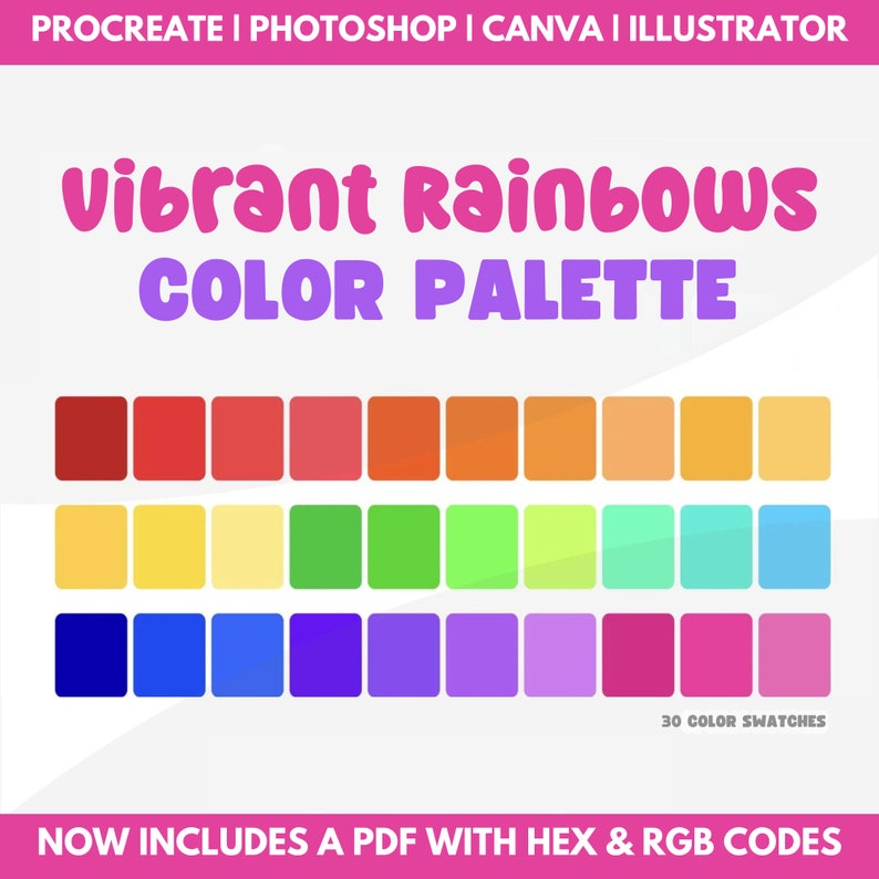 Rainbow Color Palette With Hex Codes & Rgb Codes, Procreate Swatches ...