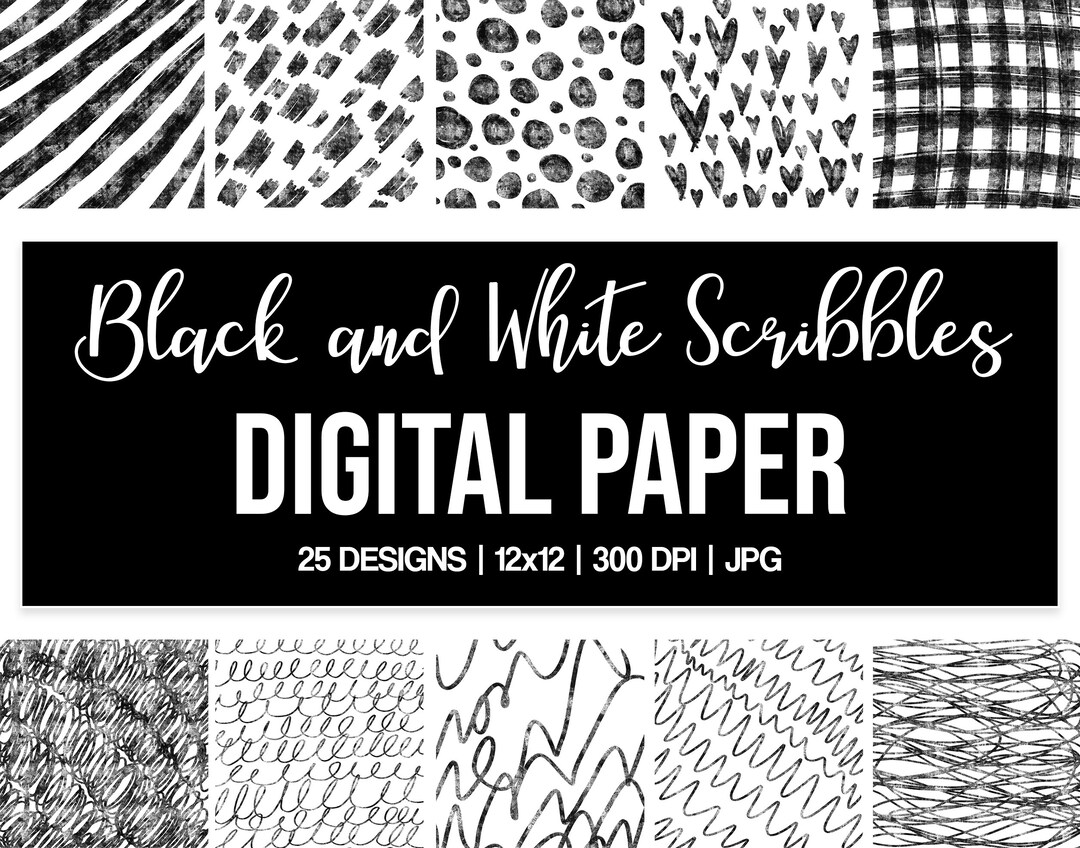 Black and White Digital Paper BUNDLE | Scribble Digital Paper | Cute ...