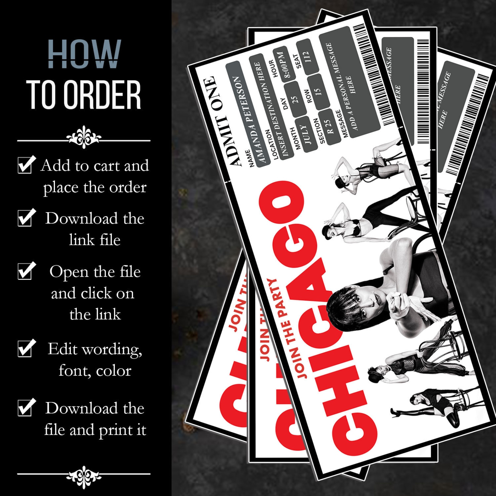 Printable CHICAGO the Musical Theatre Ticket, Personalized Broadway ...