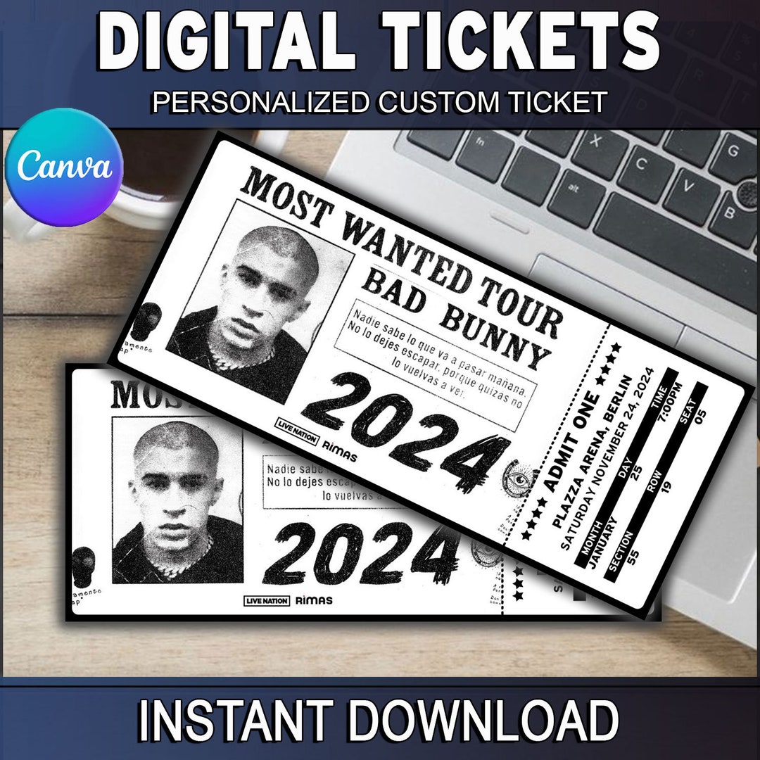 Bad Bunny Printable Most Wanted Tour Tickets, Bad Bunny Concert Music ...