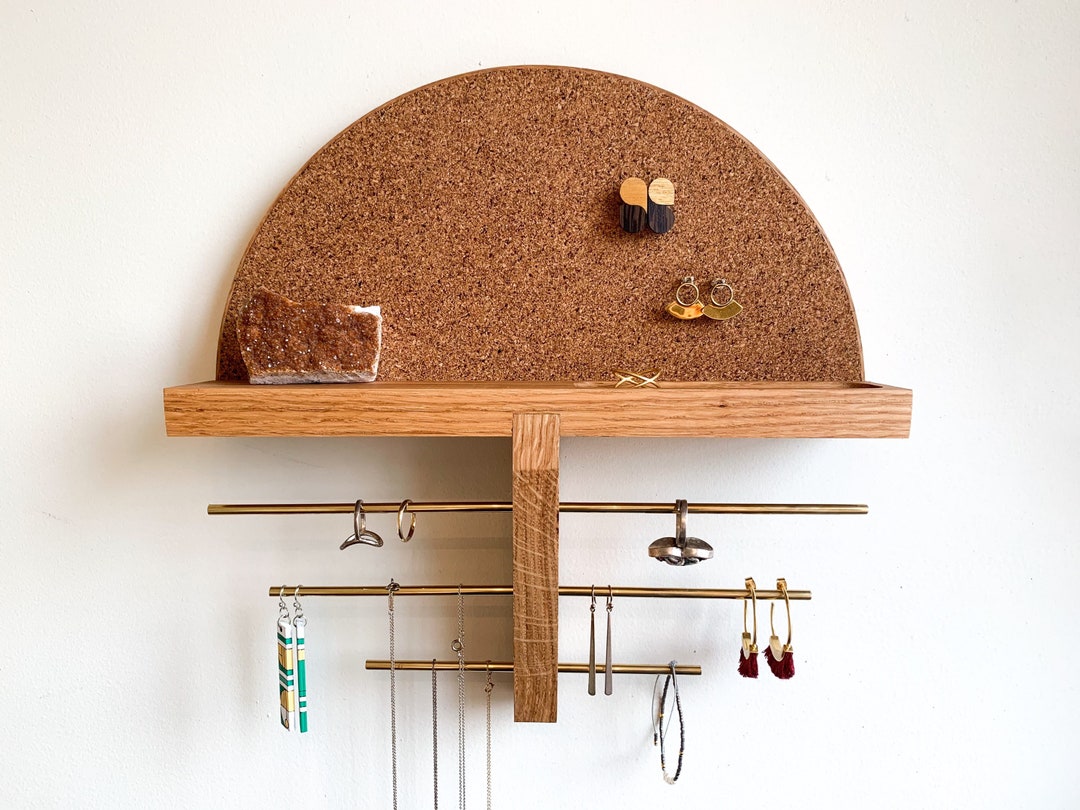 White Oak Jewelry Organizer, Hardwood Wall Mount Floating Shelf Jewelry ...