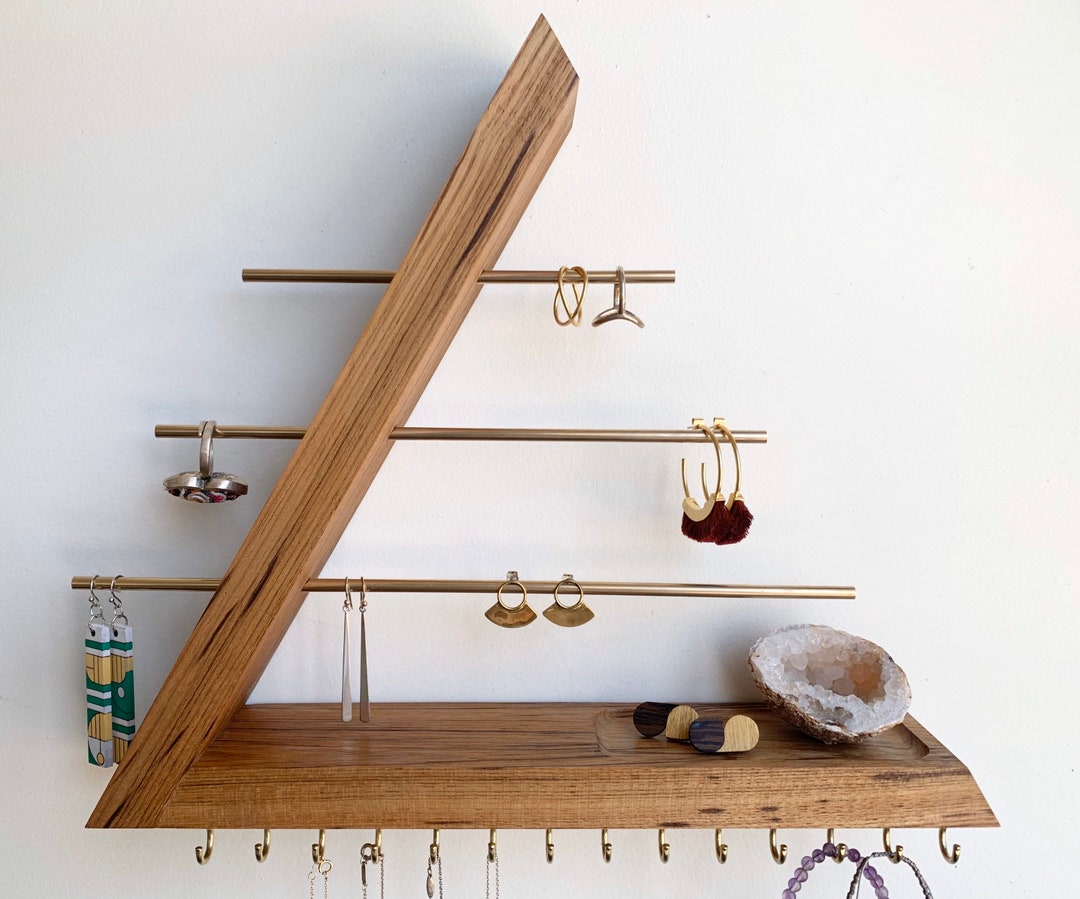 Teak Jewelry Organizer, Wall Mounted, Floating Jewelry Holder for ...