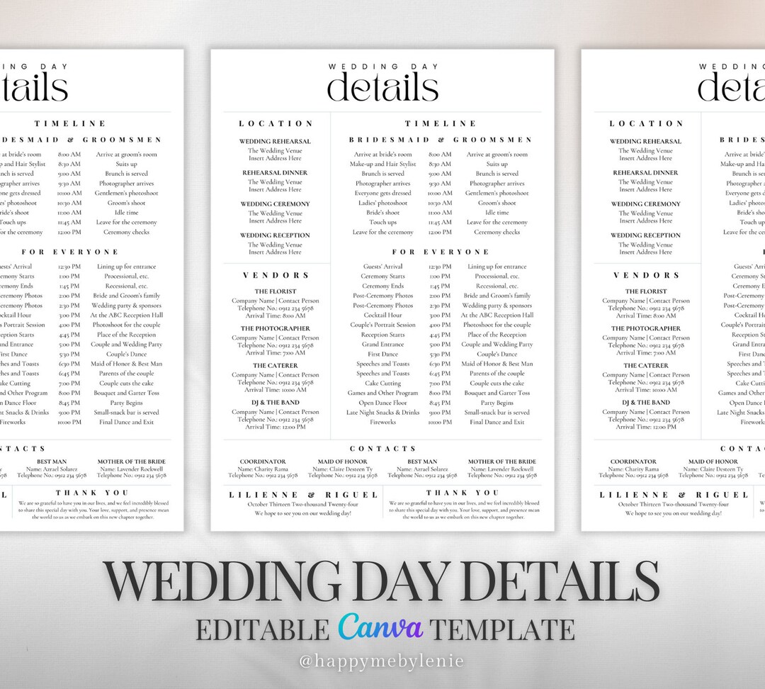 Wedding Details Template, Weekend Timeline Details, Modern Wedding ...