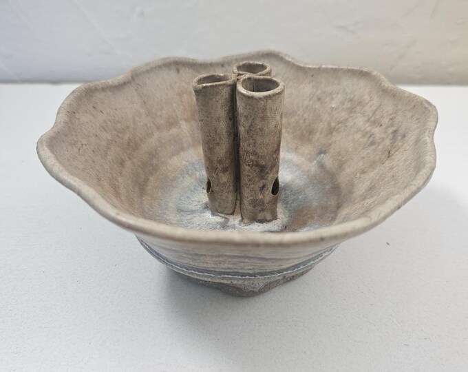 Ikebana 3 Hole Flower Frog Studio Art Pottery Vase Bowl Stoneware Boho ...