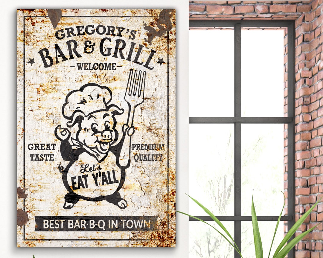 Personalized Bar and Grill BBQ Sign Farmhouse Rustic Wall Decor Canvas ...