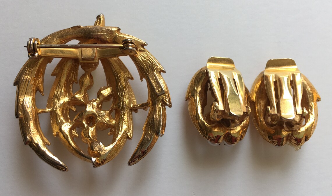 Vintage Torino Brooch/pin and Clip Earrings Set, Gold-tone Leaves With ...