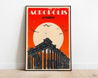 Athens Acropolis Greece Print Poster Travel Artwork Retro Vintage Wall ...