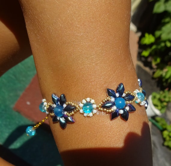 Pulsera floral azul hecha a mano 3 en 1 - Etsy España