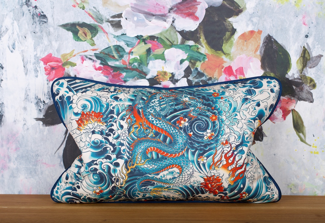 Jean Paul Gaultier Pillow Oriental Dragon Fish Koi Roses Tattoo Fabric ...
