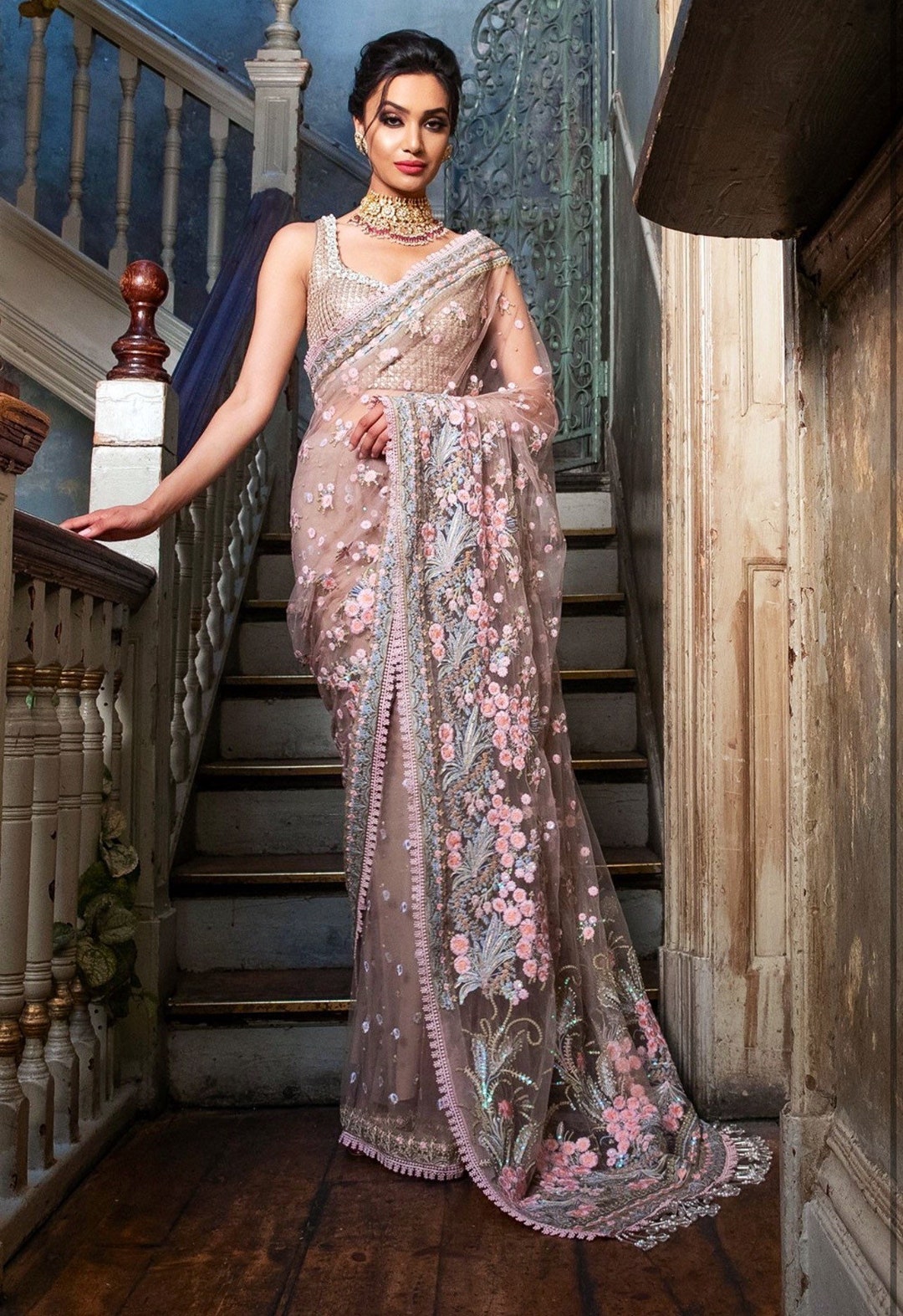 Pakistani Indian Style Bareeze Saree, Pakistani Saree, Party Wear Saree ...