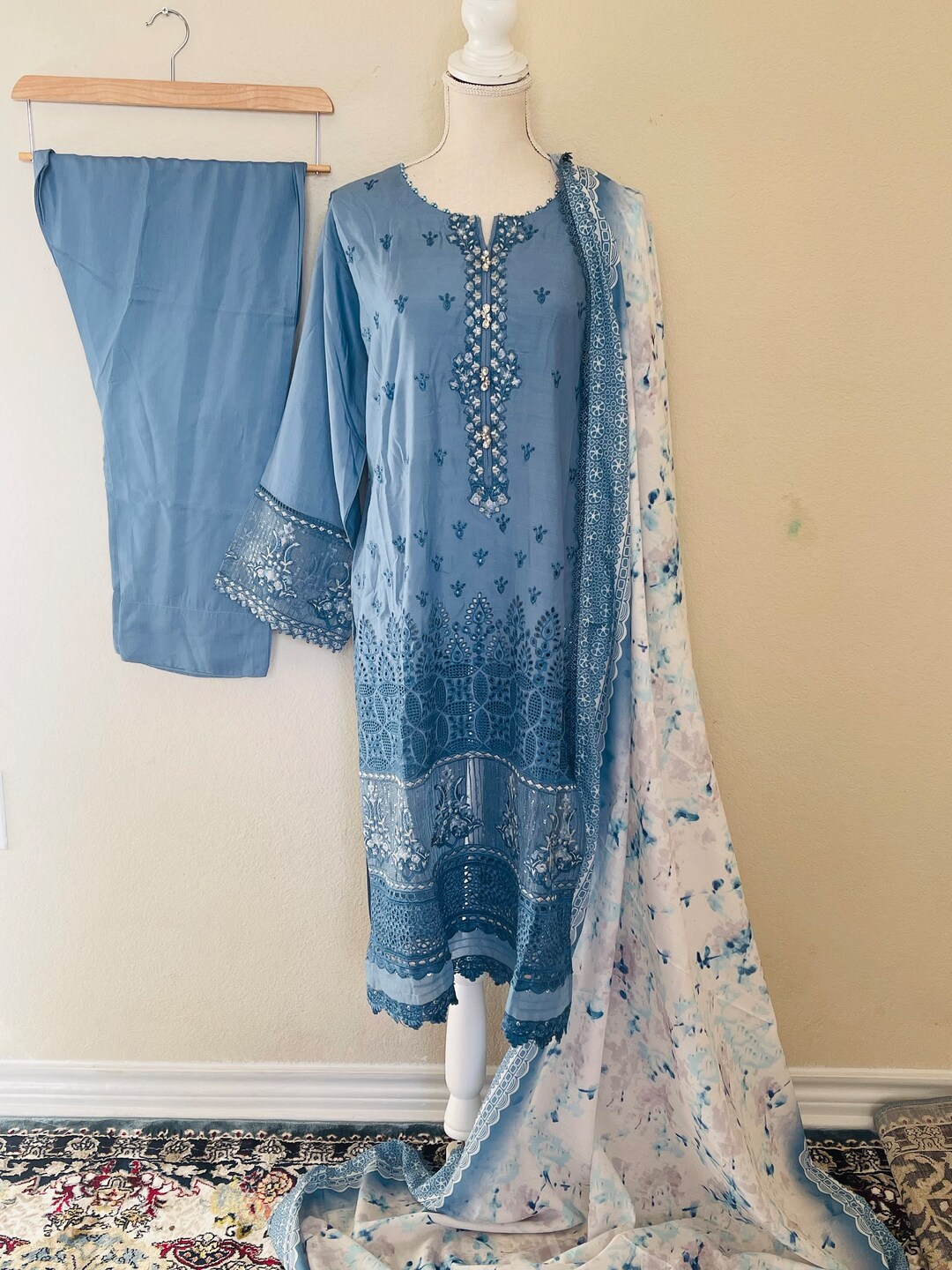 Pakistani Designer Suit Embroidered Lenin Dress Blue Color - Etsy