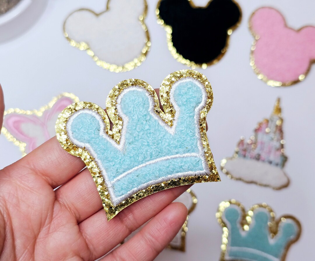 Cute Crown Tiara Chenille Iron on Patch 2.75 Blue Crown Embroidery Gold ...