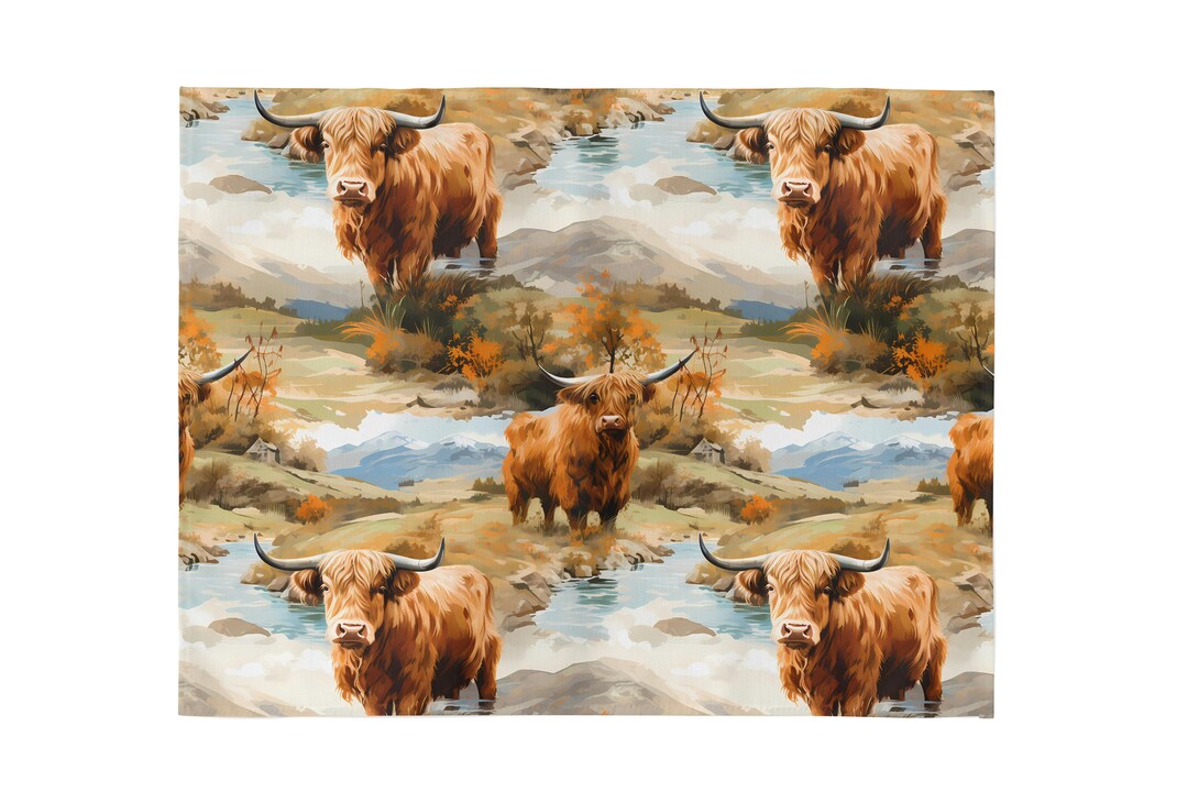 Highland Cow Design Watercolour Cotton Fabric Placemat Farm Cows Cow ...