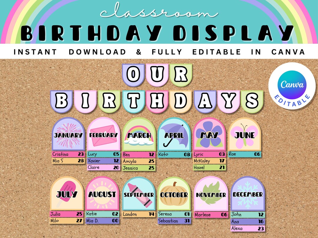 Editable Rainbow Classroom Birthdays Display - Etsy