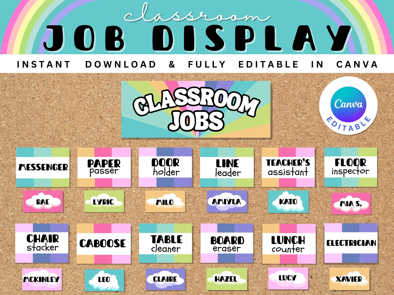 Editable Rainbow and Clouds Classroom Job Display | Bright Student Job ...