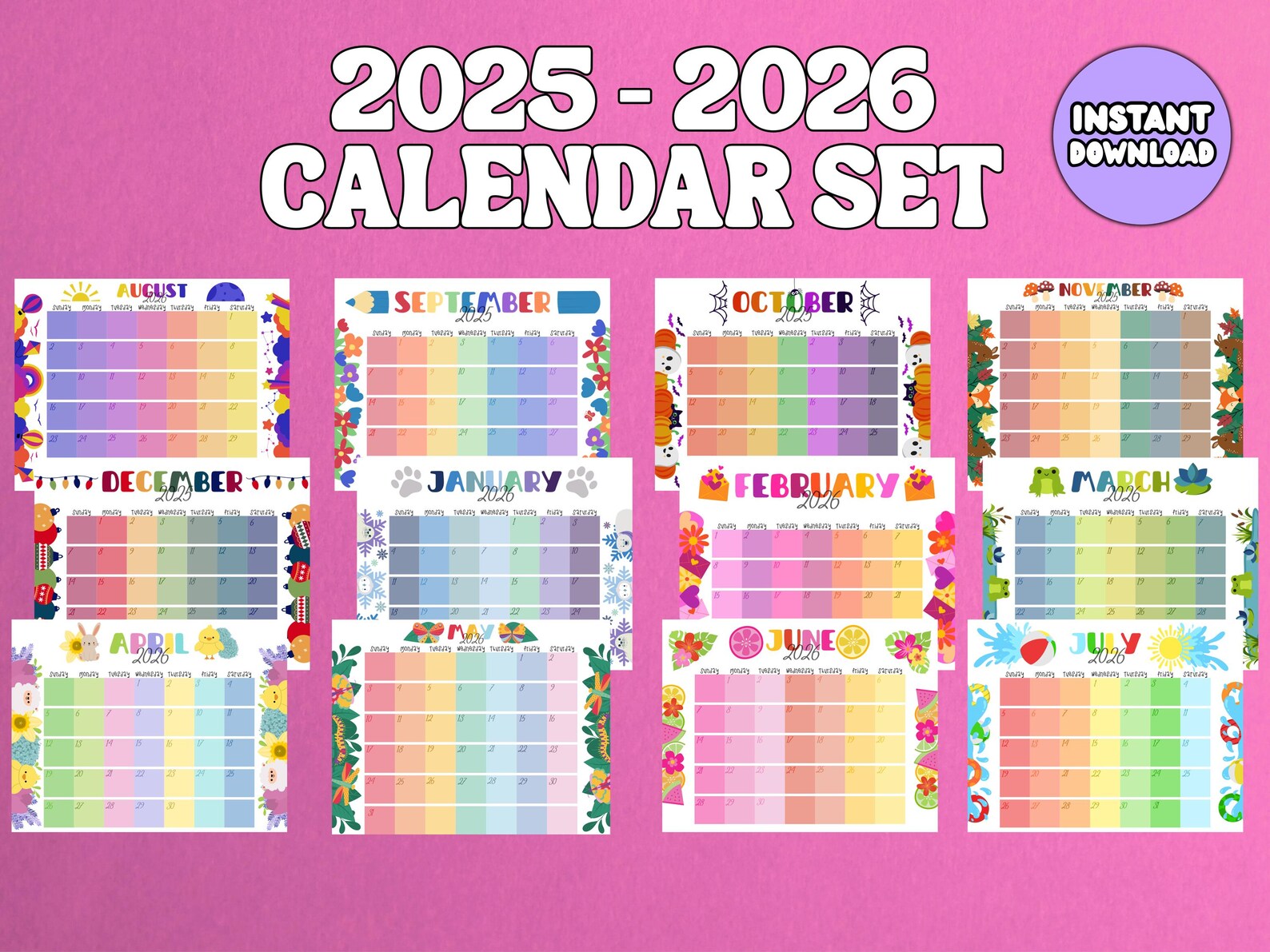 Printable 2025 - 2026 School Year Calendars: Set of 12 Months - Etsy